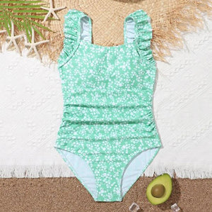Girls Floral Print Ruffle Trim Swimsuit – Ali Affordable