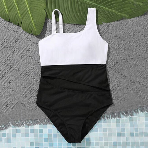 Teen Girls Colorblock Asymmetrical Neck Swimsuit – Ali Affordable